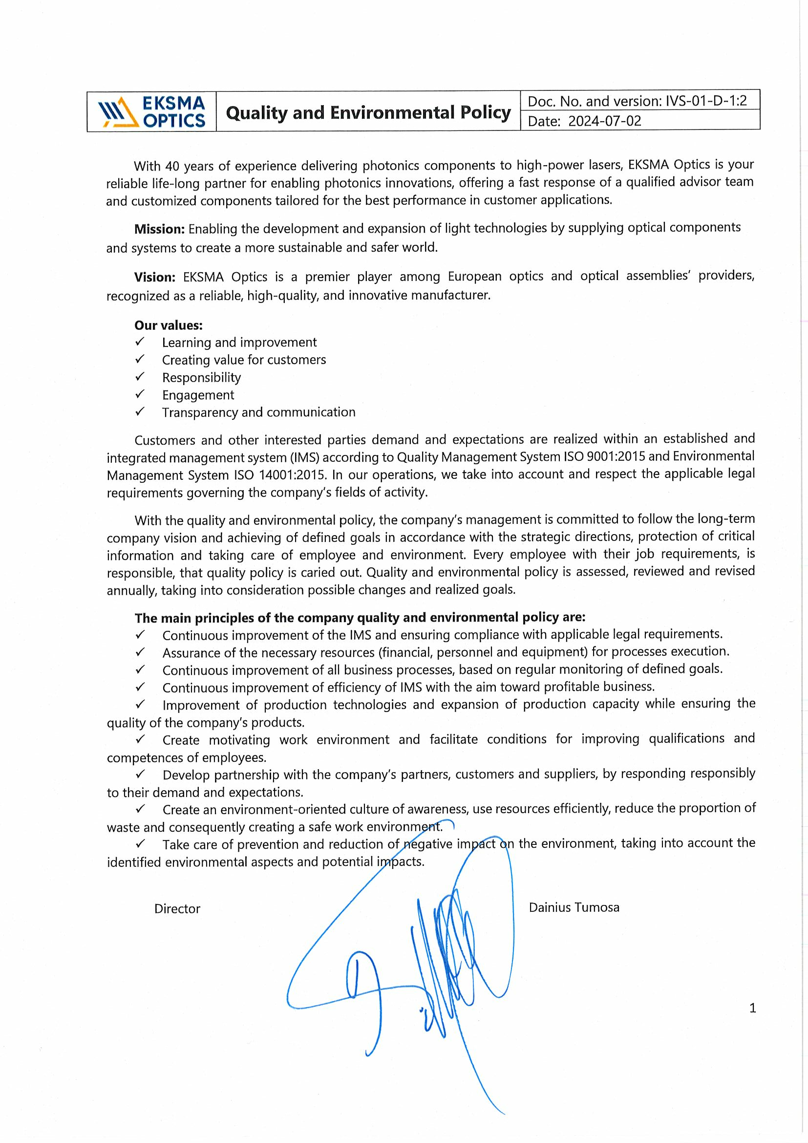 Quality Policy | EKSMA Optics